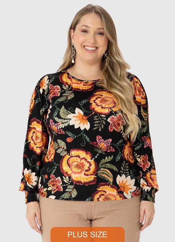 Blusa Feminina Floral Plus Preto Malwee