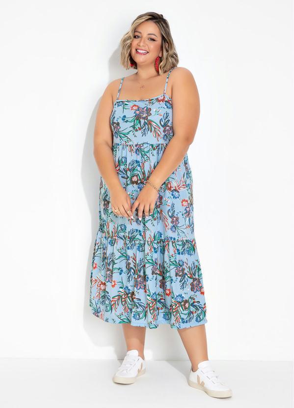 Vestido Floral Azul Franzido Plus Size Marguerite