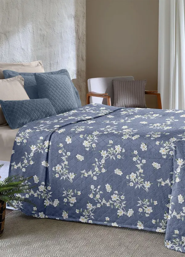 Colcha Floral Azul Casal 1 Peça - Lar&Lazer