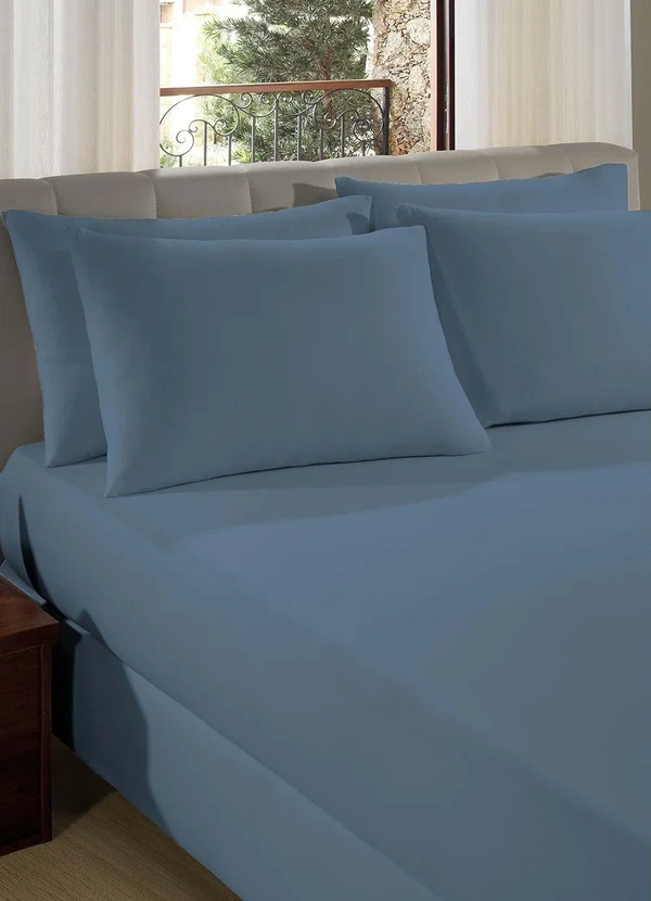 Lençol Malha com Elástico Azul Casal - Lar&Lazer