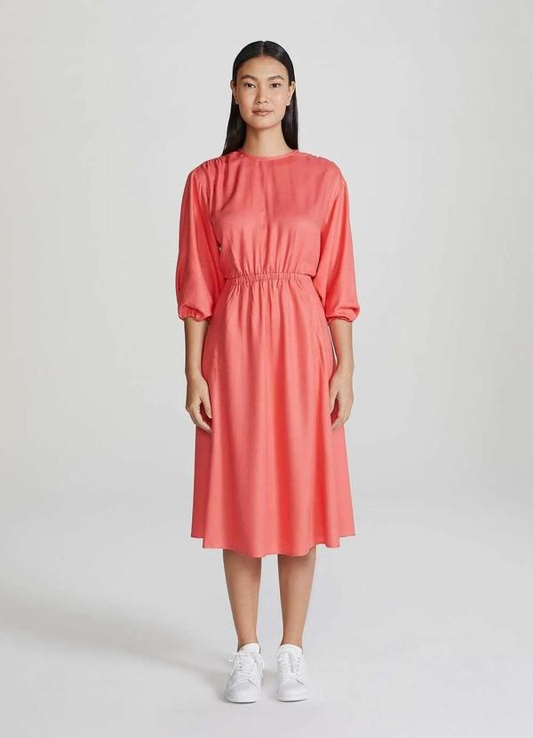 Vestido Midi Manga 3/4 com Franzidos Laranja - Hering Oficial