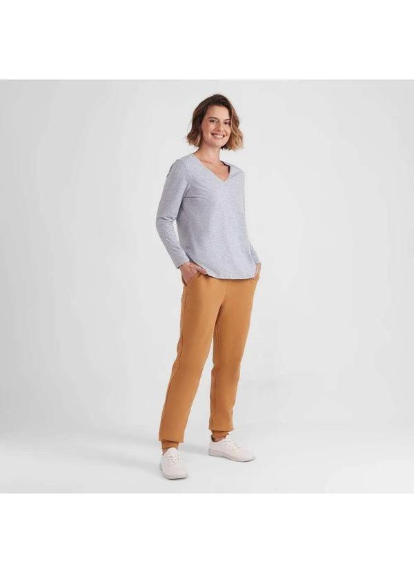 Camiseta Básica Manga Longa Gola V Feminina Mescla Claro - Basicamente