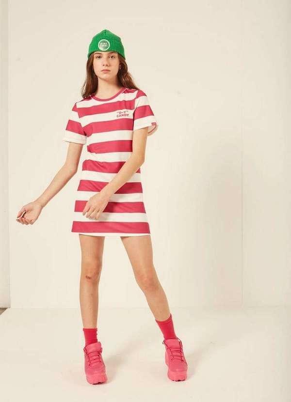 Vestido T-Dress Sublimado Listrado de Malha Infantil Dimy Candy Rosa - Dimy