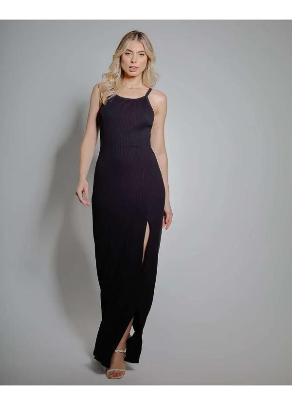 Vestido Miss Misses Longo Canelado com Fenda Preto Preto - Dress Us