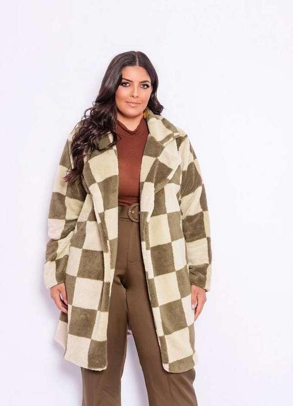 Casaco Plus Size Teddy Quadriculado Bege - Ana Maya Curves