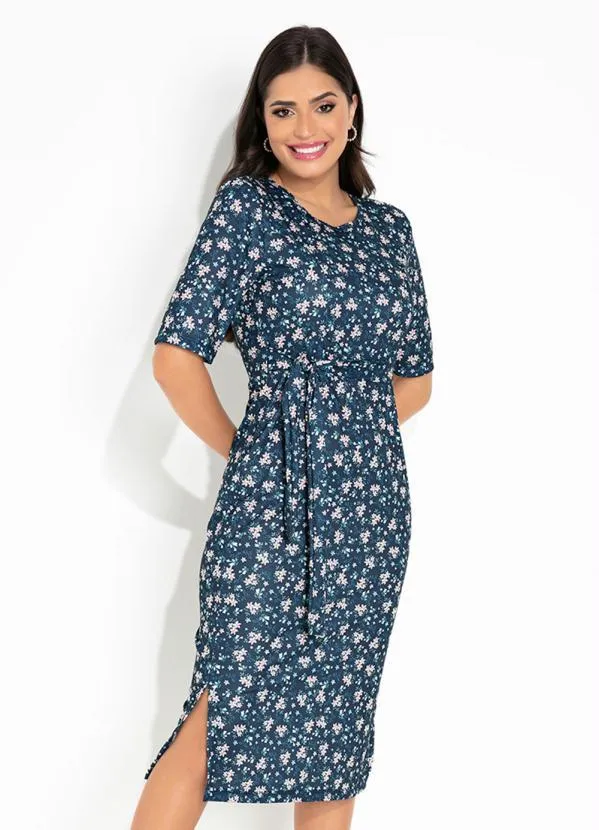 Vestido Floral Marinho com Fenda Moda Evangélica - Rosalie