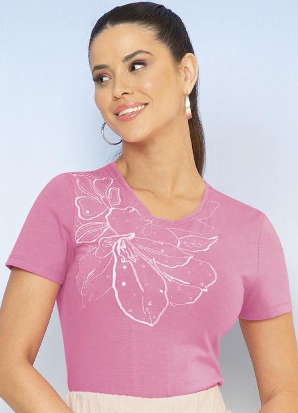 Blusa de Manga Curta com Bordado Rosa - Cativa