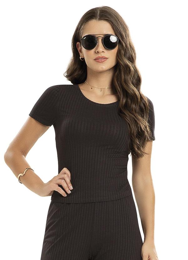 Blusa Feminina de Mangas Curtas em Canelado Preto - Habana