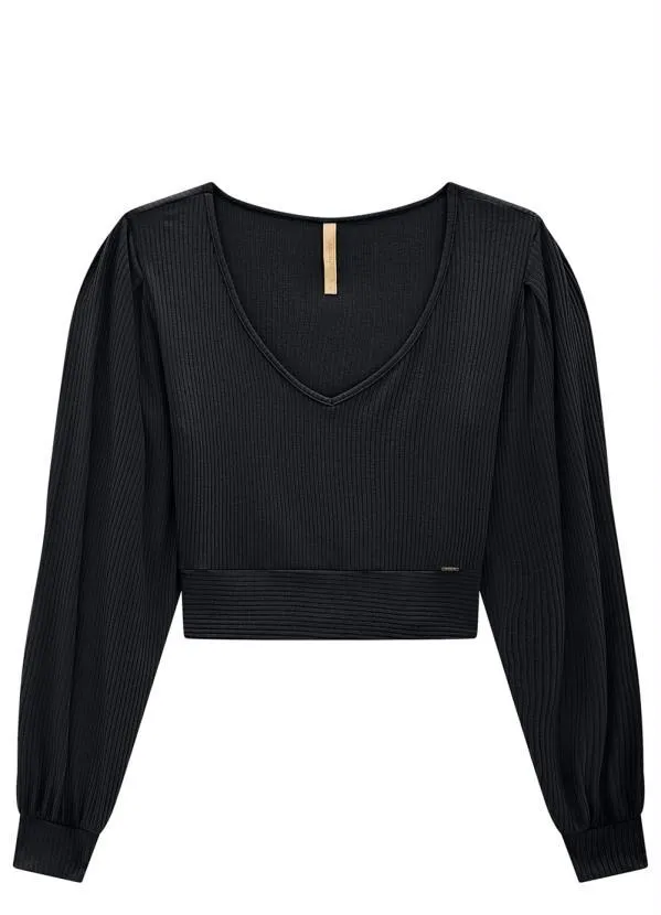 Blusa Cropped Canelada com Manga Bufante Preto - Lunender Feminino