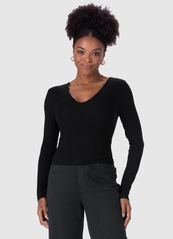 Blusa Long Cropped Canelada Preto - Malwee