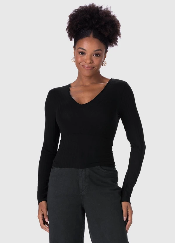 Blusa Long Cropped Canelada Preto - Malwee