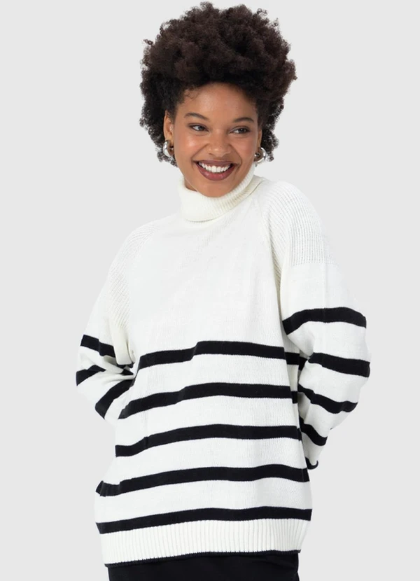 Suéter Feminino em Tricô Listras Off White - Malwee