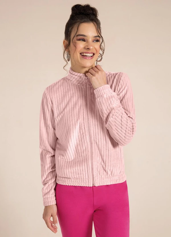 Casaco em Tecido Aveludado e Gola Alta Rosa - Cativa