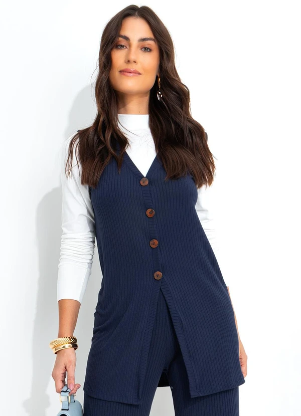 Colete Azul Marinho em Malha Canelada - Quintess