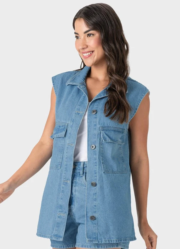 Colete Azul Claro Feminino Alongado em Jeans - Malwee