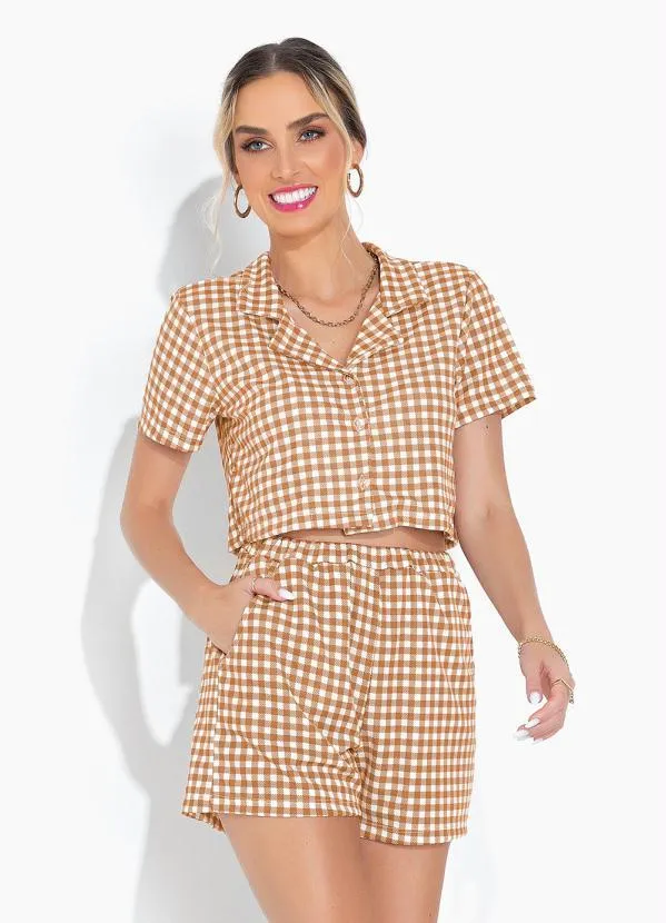 Conjunto Xadrez com Cropped de Botões - Moda Pop