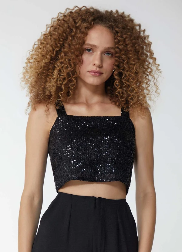 Blusa Cropped em Paetê Feminina Preto - Enfim