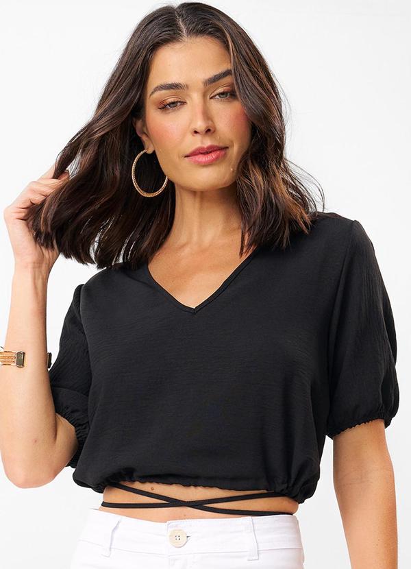 Blusa Cropped Feminina Decote V Preto - Rovitex