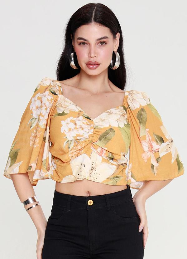 Cropped Floral Botanico Laranja - Gatabakana