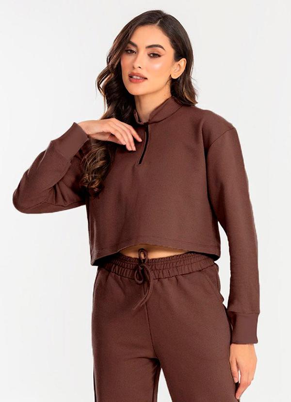 Cropped Moletom Gola Alta Marrom - Meu Jeans
