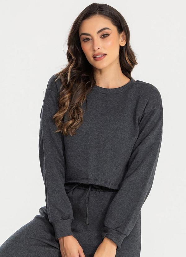 Cropped Moletom Manga Longa Evy Mescla Escuro - Meu Jeans