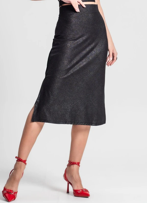 Saia Midi com Fenda Lateral Preto - Rovitex