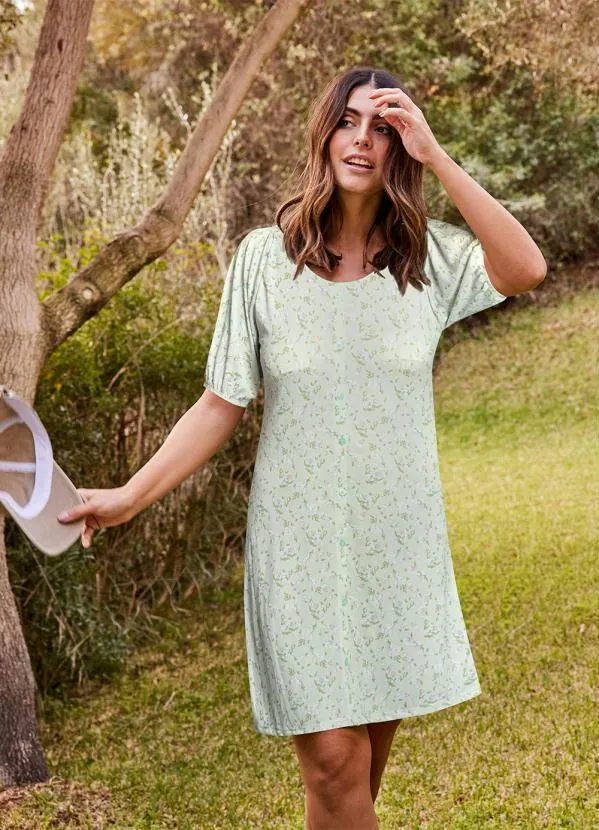 Vestido com Botões Manga Curta Floral Verde - Queima de Estoque