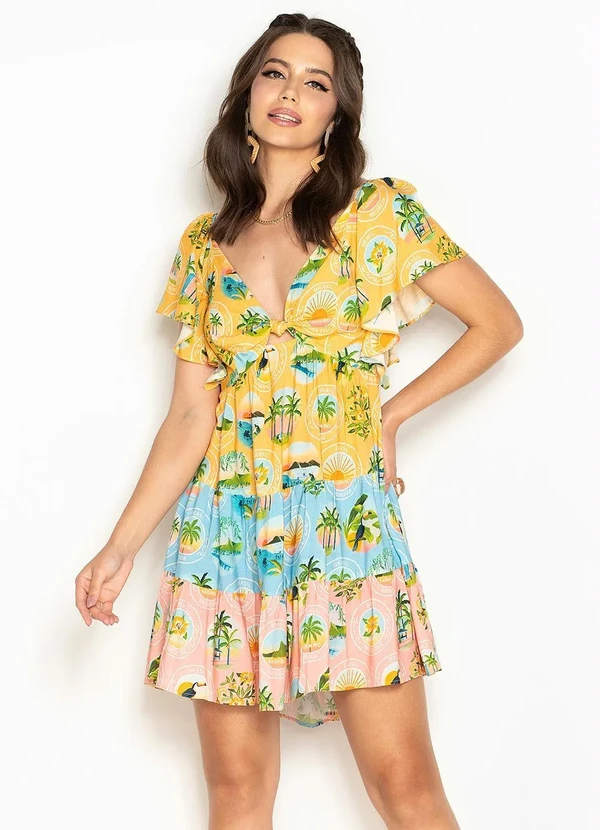 Vestido Curto de Viscose Patch Colorido Por Natureza Amarelo - Farm