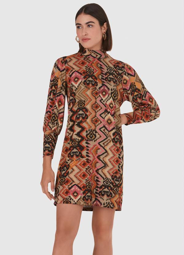 Vestido Curto Gola Alta Manga Longa Marrom - Malwee