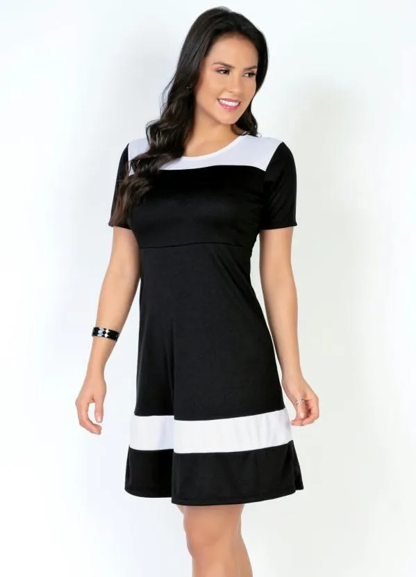 Vestido Preto com Recortes Contrastantes - Moda Pop