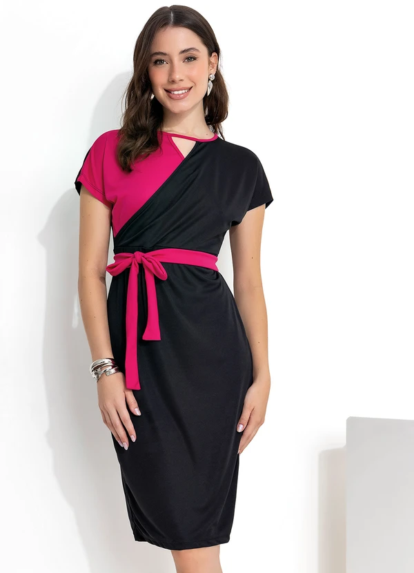 Vestido Preto e Pink com Transpasse e Faixa - Moda Pop
