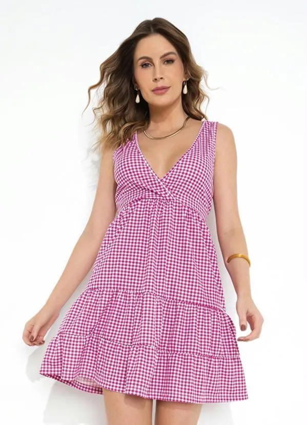 Vestido Xadrez Rosa com Recortes na Barra - Moda Pop