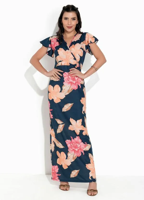 Vestido Floral Marinho com Manga Moda Evangélica - Rosalie