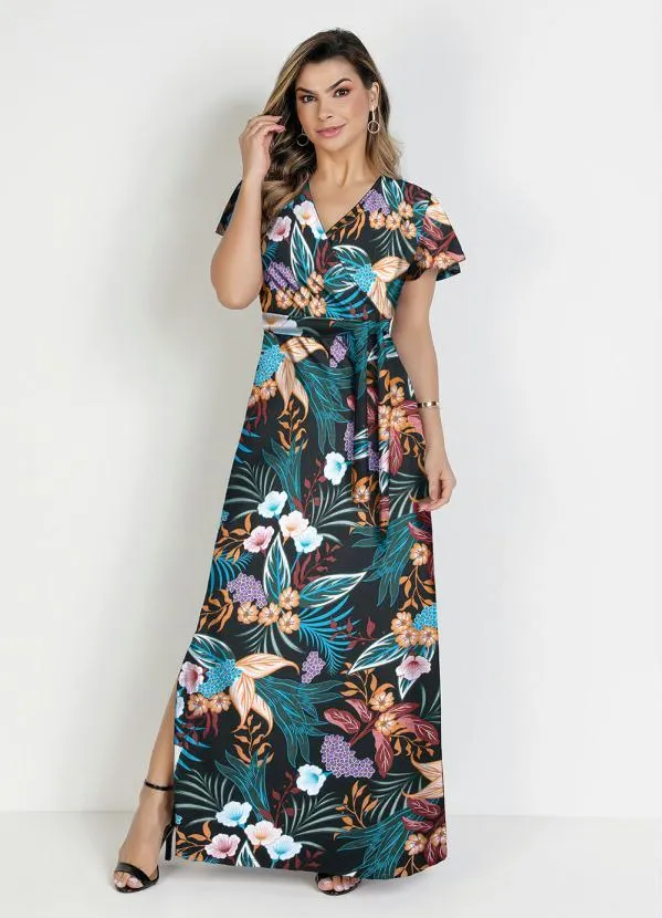 Vestido Floral Preto com Faixa Moda Evangélica - Rosalie