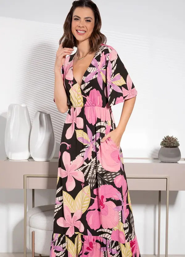 Vestido Floral Preto em Malha de Viscose - Quintess
