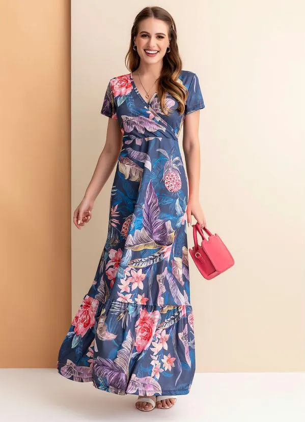 Vestido Folhas Marinho Com Babado Moda Evangélica - Rosalie