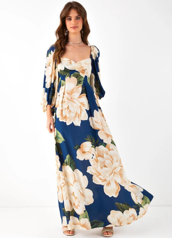 Vestido Longo Chita Flora Azul - Farm