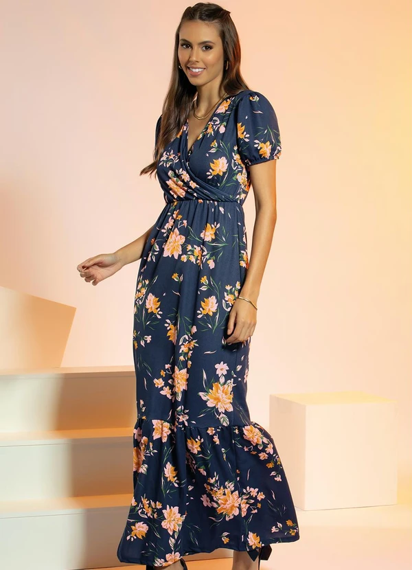 Vestido Longo Floral Marinho Moda Evangélica - Rosalie