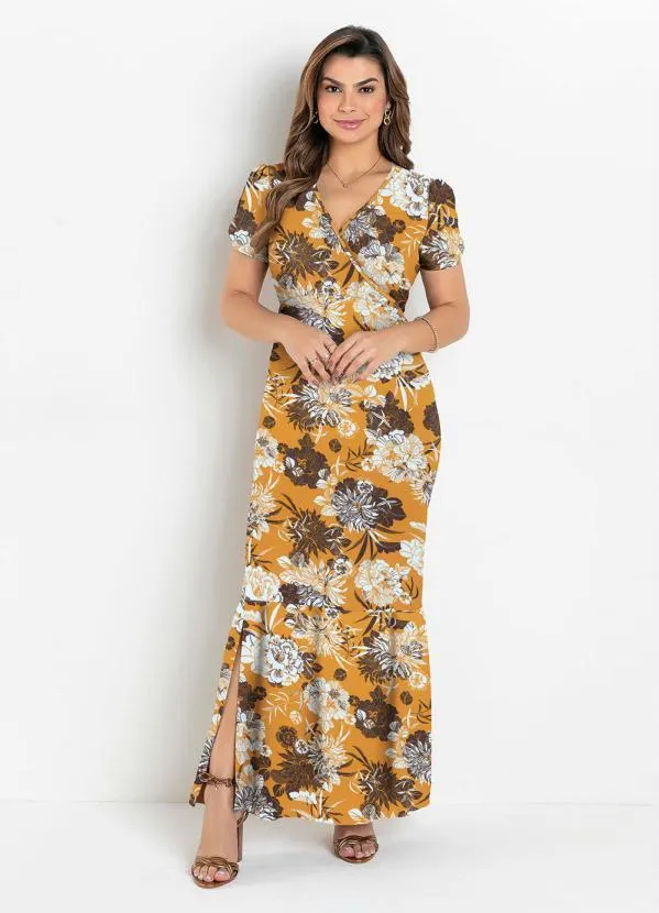 Vestido Longo Floral Mostarda Moda Evangélica - Rosalie