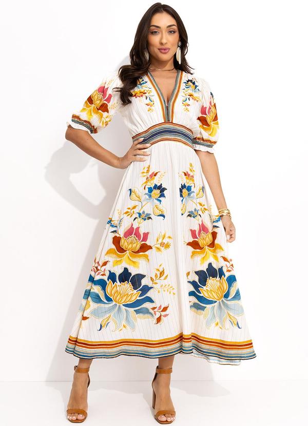 Vestido Manga Floral Majestoso Off White - Farm