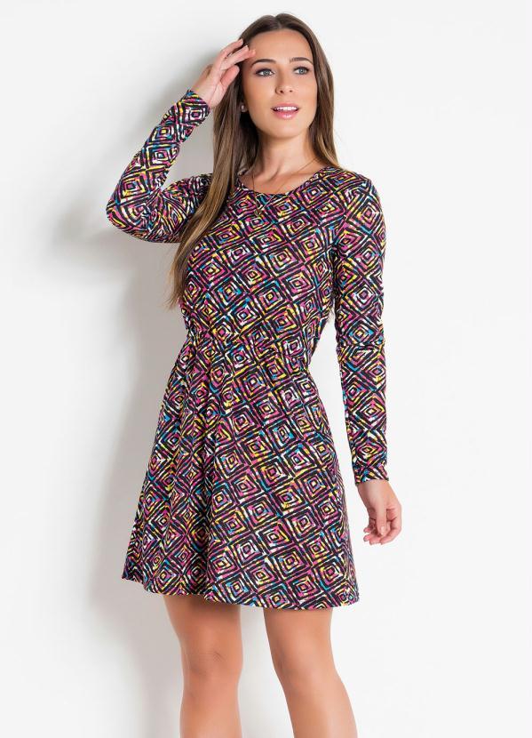 Vestido Manga Longa Estampada Evasê - Outlet