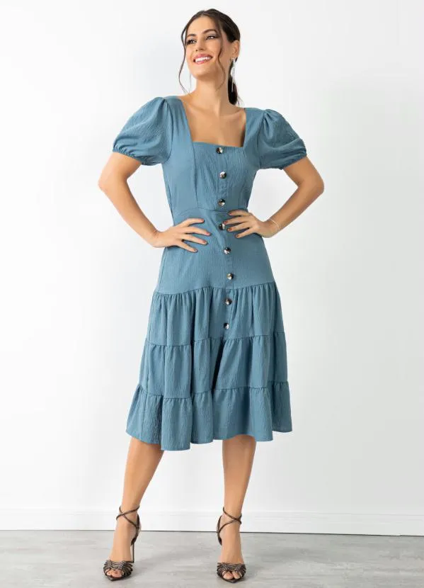 Vestido Azul em Crepe Plano com Babados - Quintess