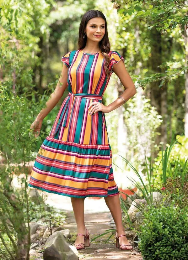 Vestido com Faixa Listra Color Moda Evangélica - Rosalie