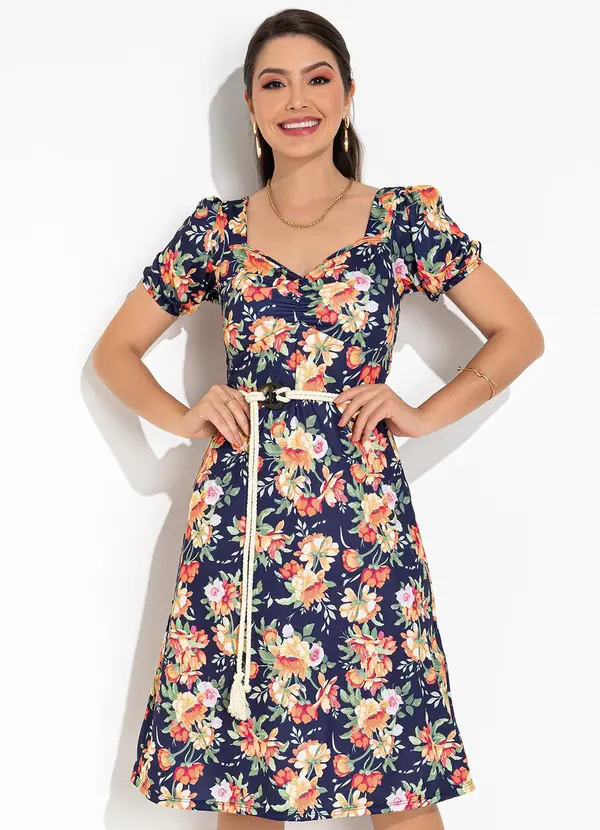Vestido Floral Marinho em Jersey Acetinado - Rosalie