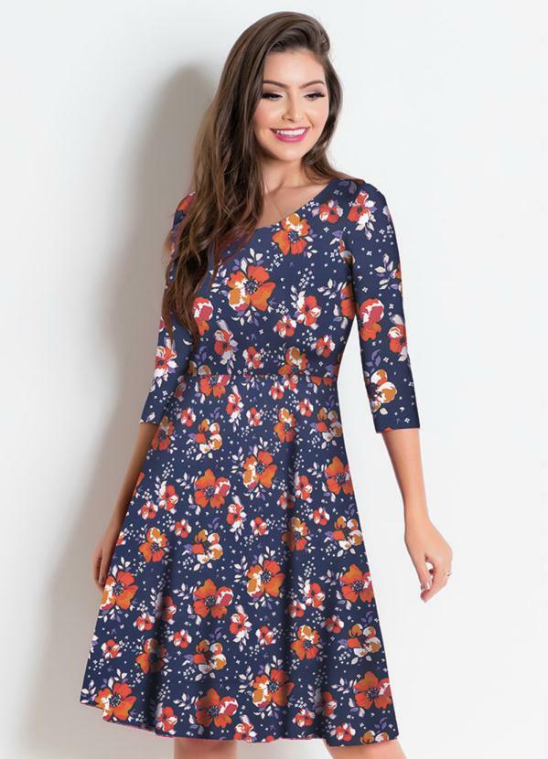 Vestido Floral Marinho Moda Evangélica Evasê - Queima de Estoque