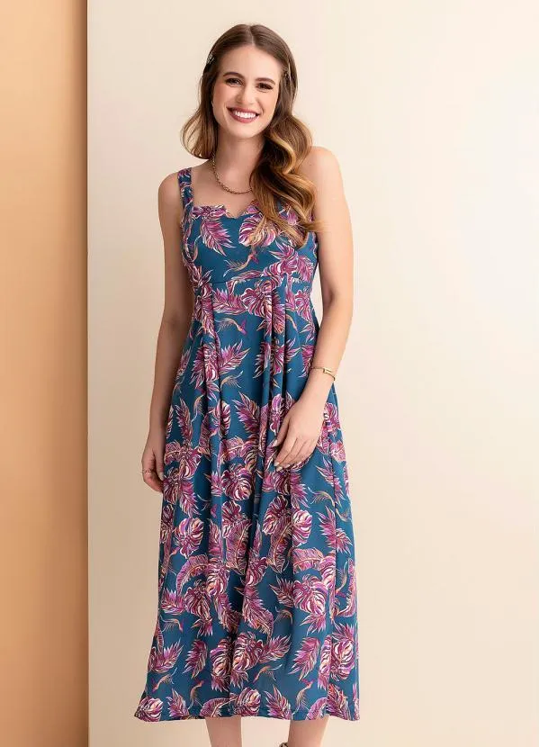 Vestido Folhas Marinho Decote V Moda Evangélica - Rosalie