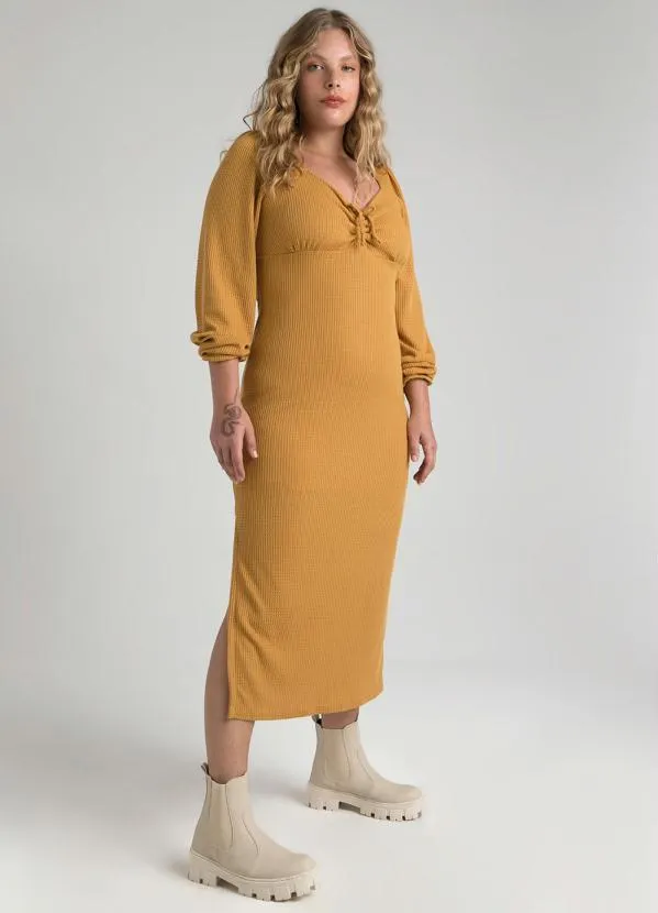Vestido Midi Reto Manga Longa Fenda Amarelo - Enfim