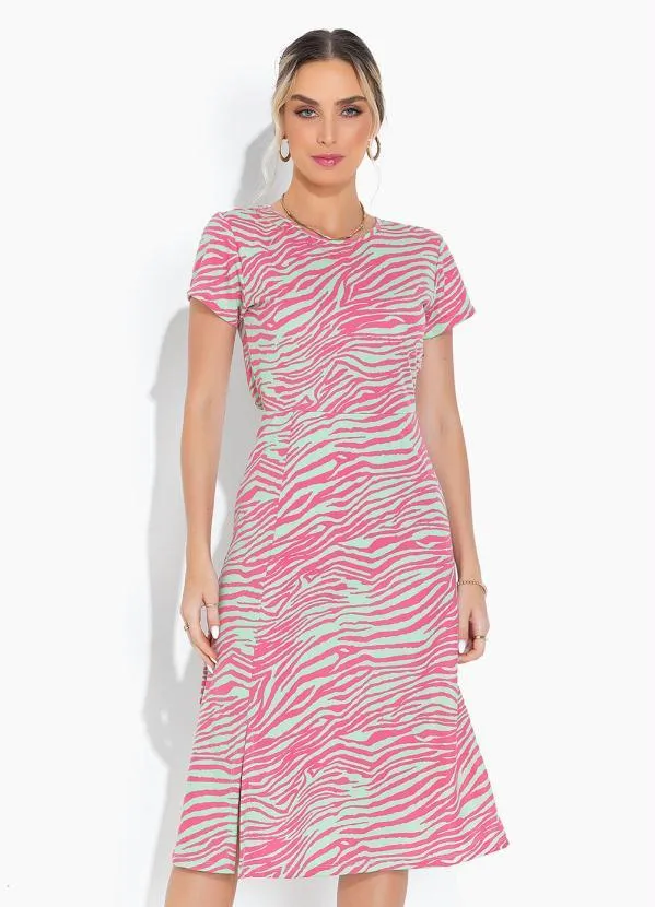 Vestido Zebra com Fenda e Recortes Vazados - Moda Pop