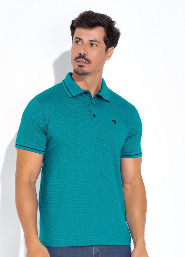 Camisa Polo Turquesa em Meia Malha Pontilhada - Multimarcas