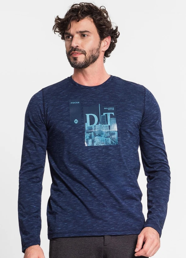Camiseta Manga Longa em Meia Malha Azul - Diametro